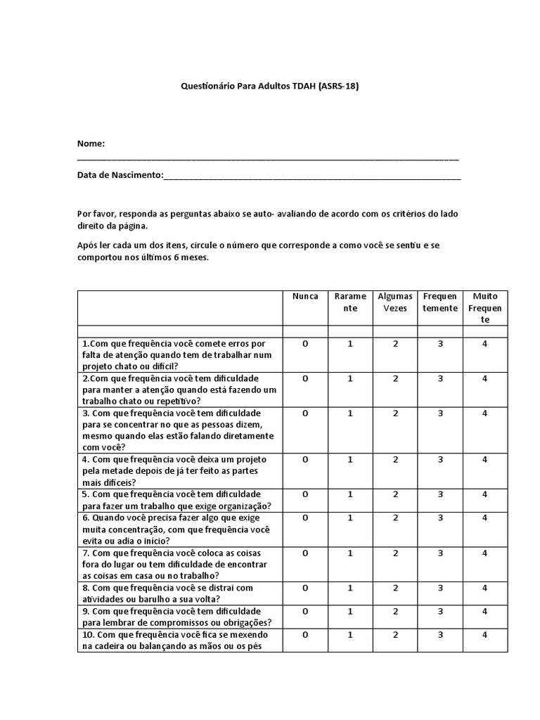 Questionário para Adultos TDAH | PDF | Transtorno de déficit de atenção ...