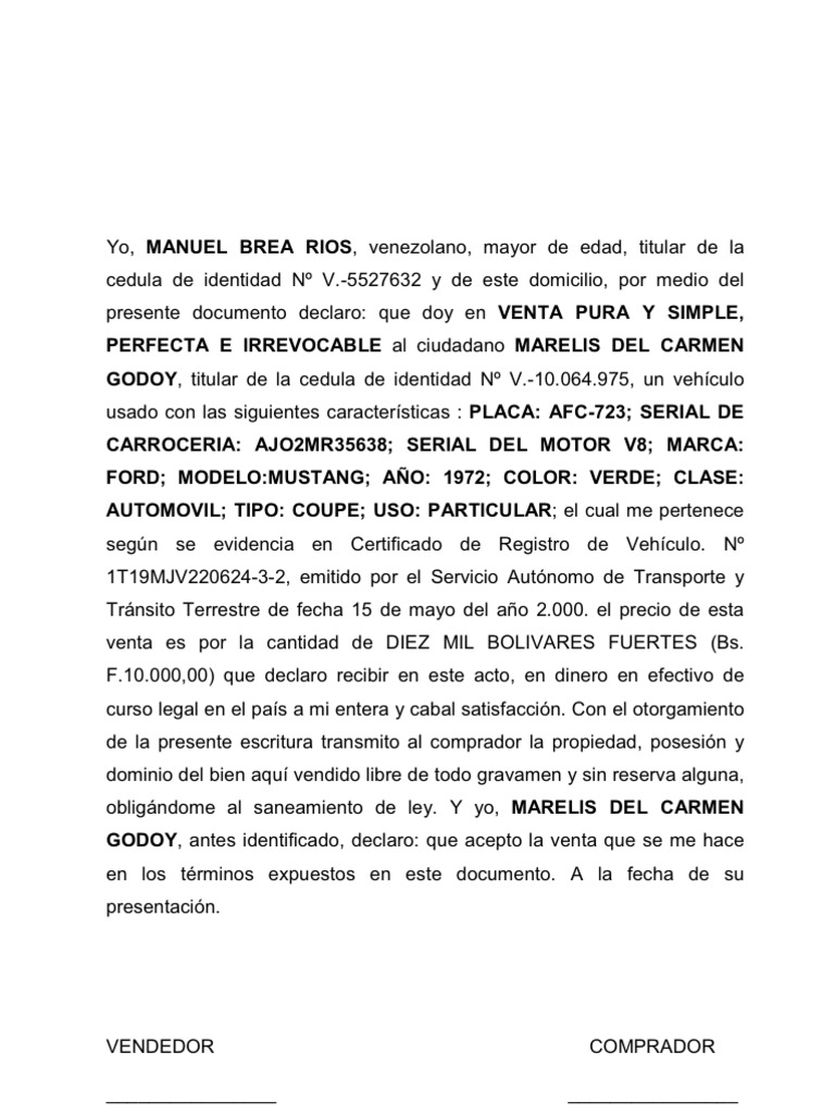 Acta de Venta de Vehiculo 2 | PDF | Vehículos de ruedas | Vehículos ...