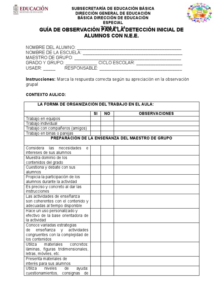 Guía de Observación para La Detección Inicial de Alumnos Con N.E.E. (Pesquizaje Grueso) . | PDF ...