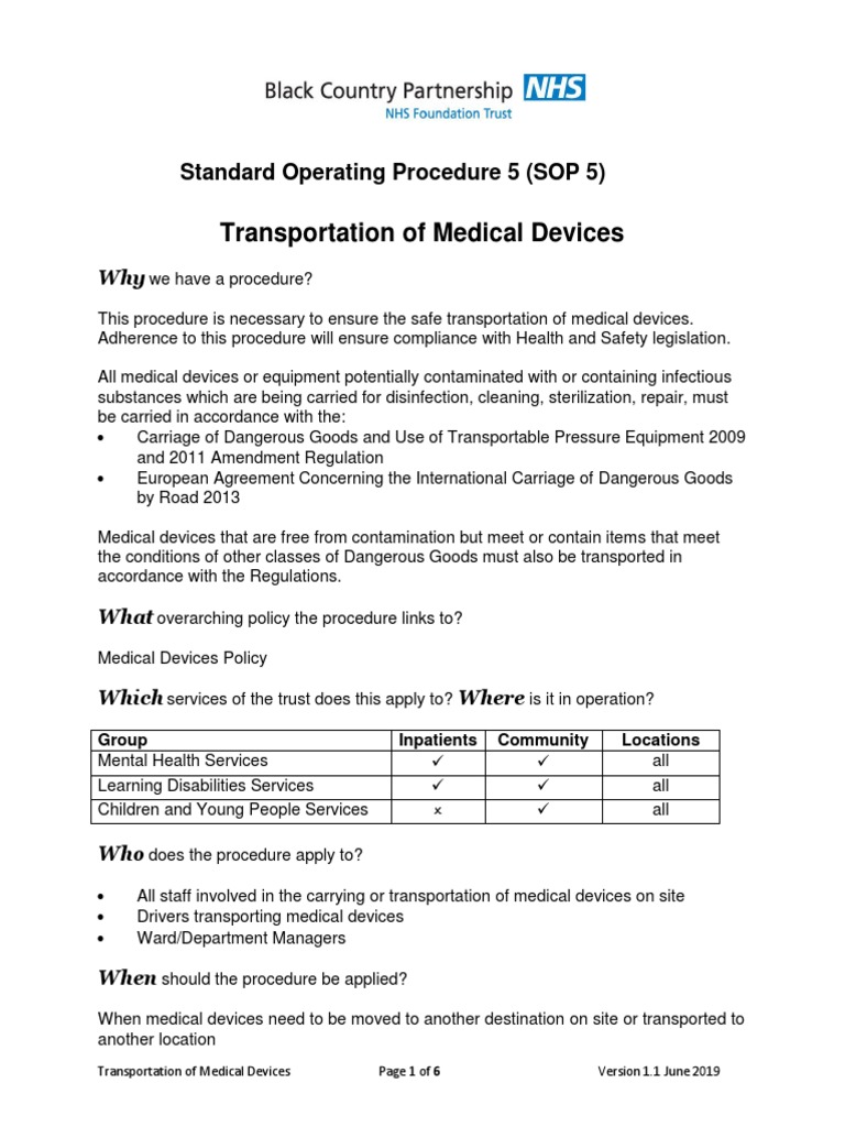 Medical Devices - SOP 5 - Transportation of Medical Devices | PDF ...