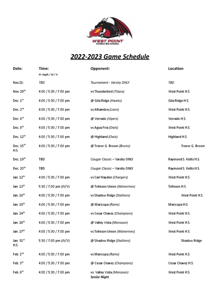 2022-2023 Game Schedule | PDF | Sports & Recreation