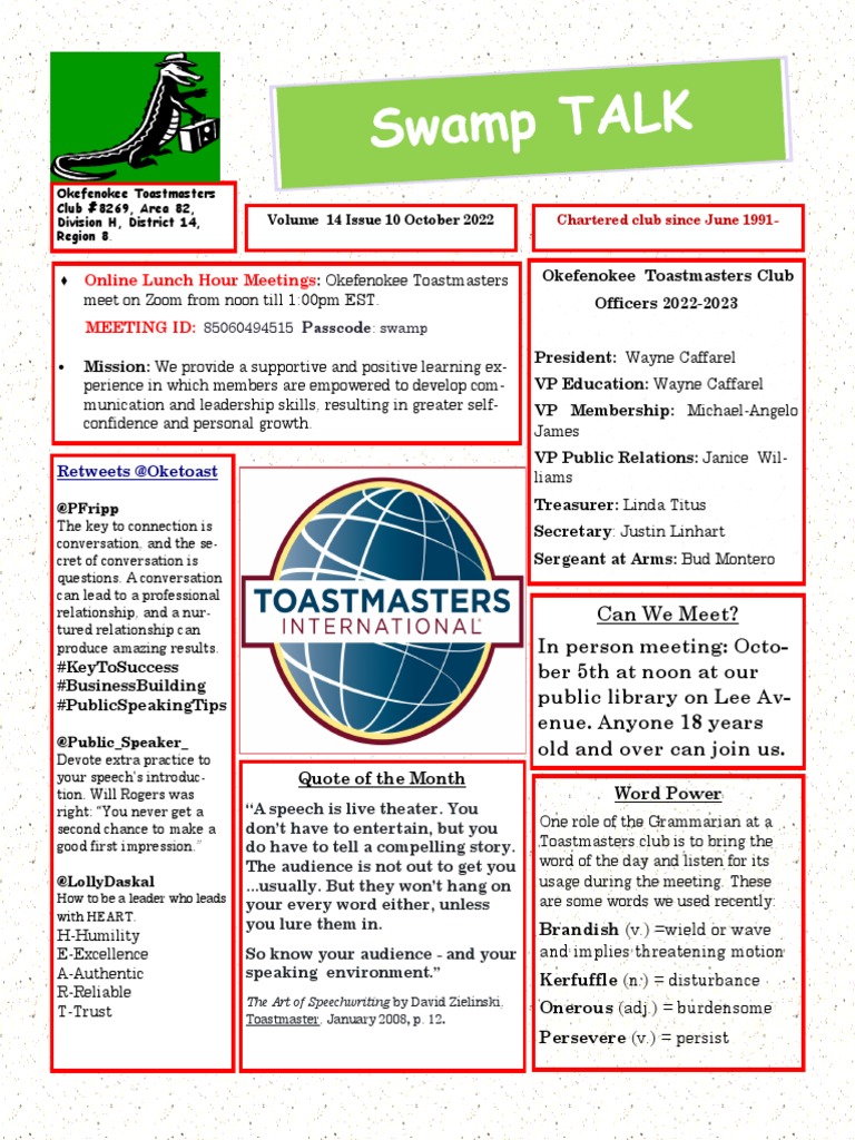 Swamp Talk, Okefenokee Toastmasters Club Newsletter October 2022 | PDF ...