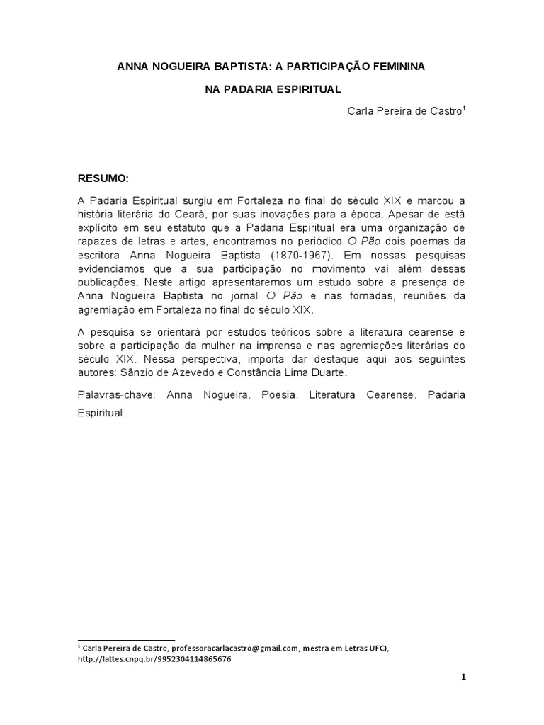 Anna Nogueira Baptista - A Participação Feminina Na Padaria Espiritual ...