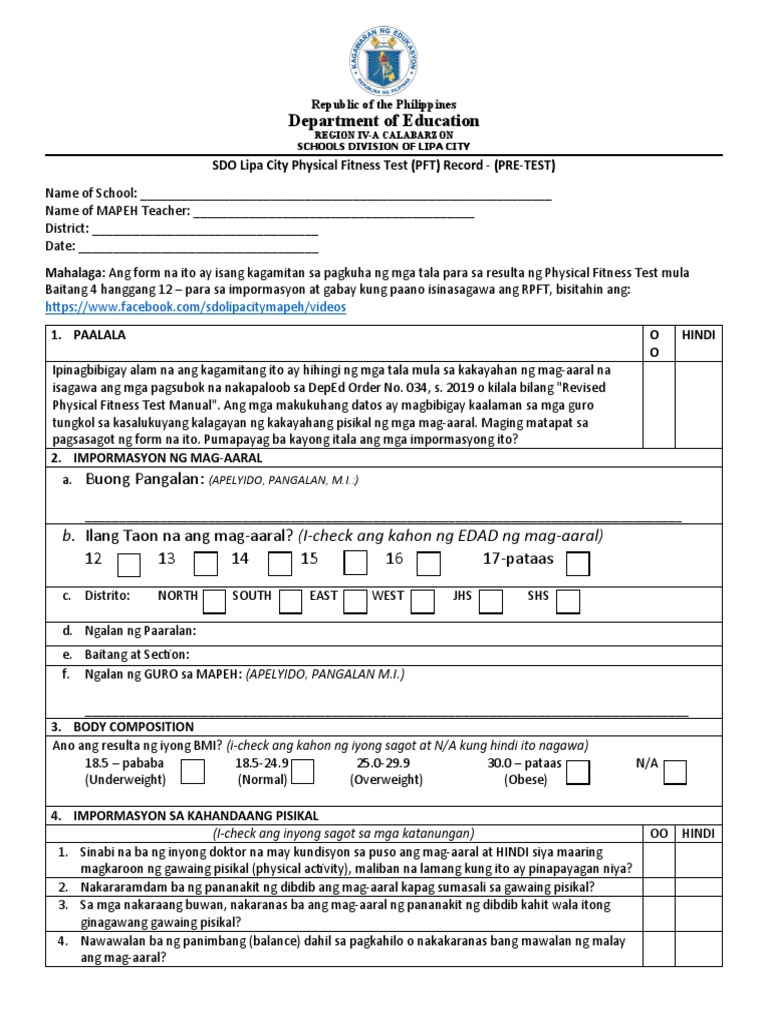Revised Physical Fitness (RPFT) Pre-Test Form (for Learners) | PDF