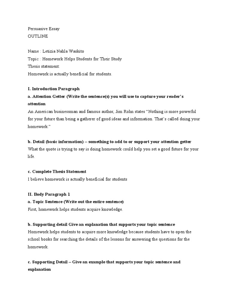 Persuasive Essay Outline | PDF | Homework | Essays