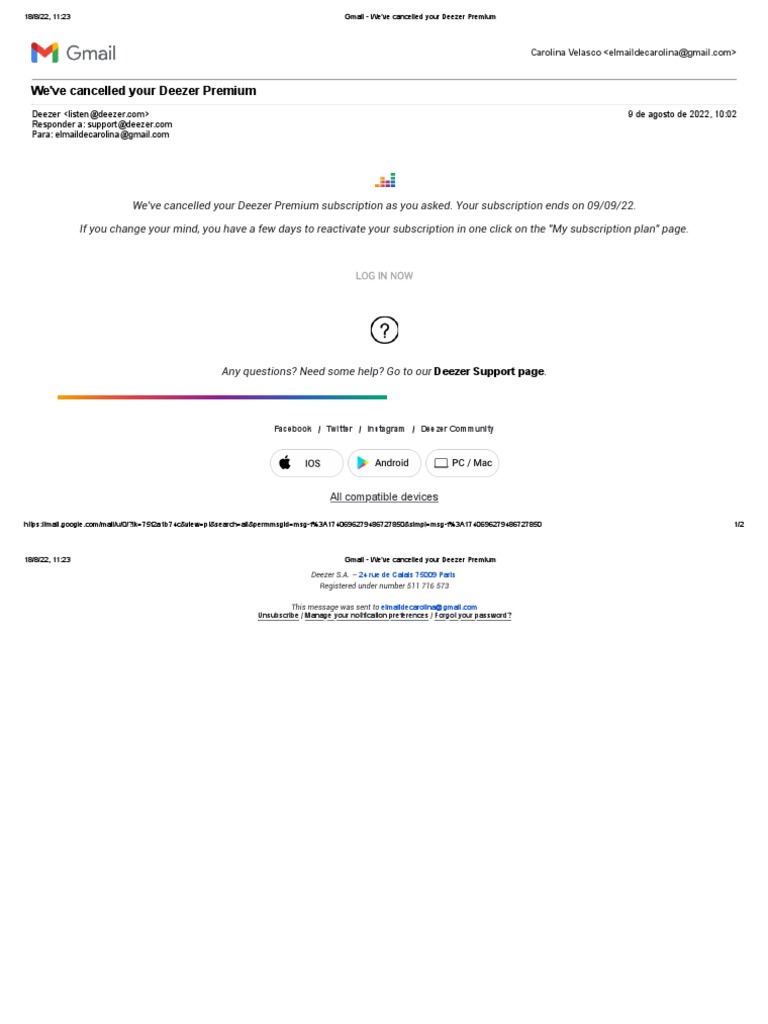 Gmail - We'Ve Cancelled Your Deezer Premium | PDF
