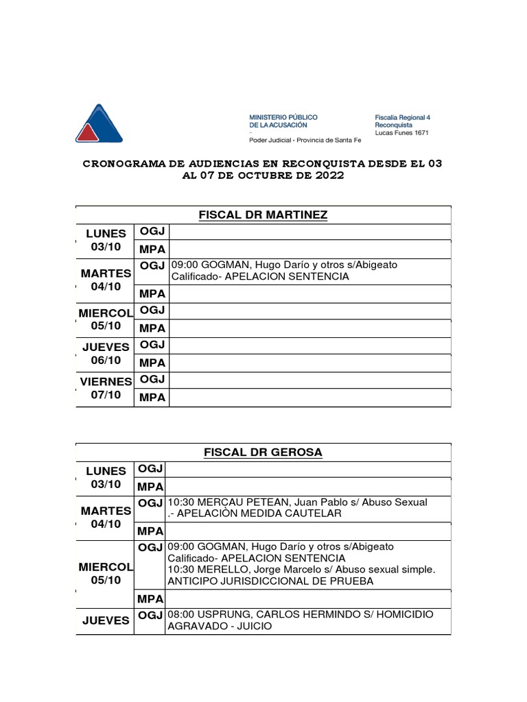 Cronograma de Audiencias en Reconquista Desde El 03 Al 07 de Octubre de ... Cronograma de Audiencias en Reconquista Desde El 03 Al 07 de Octubre de ...