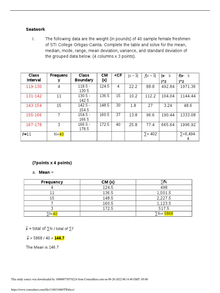 Seatwork: Class Interval Frequenc y Class Boundary CM (X) CF (X-) 2) 2 ...