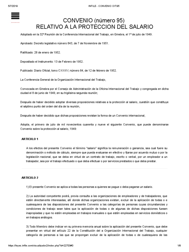 Convenio Oit - 95 | PDF | Organización Internacional del Trabajo | Tratado