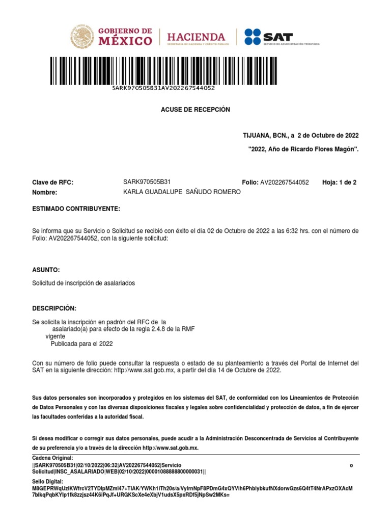 Acuse de Recepción SAT 2022 | PDF | Gobierno | Tecnologías de la ...