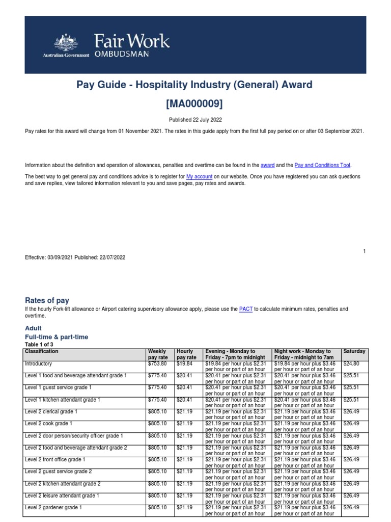 Hospitality Award Pay Rates Guide | PDF | Annual Leave