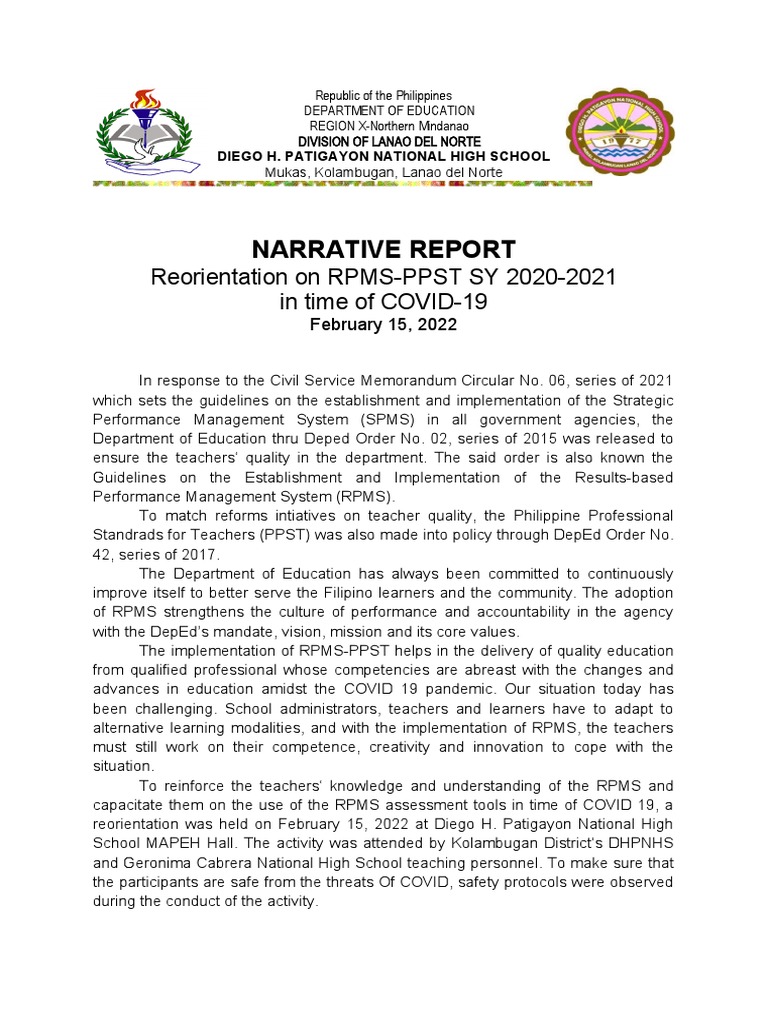 Narrative Report RPMS PPST Reorientation School | PDF | Learning ...