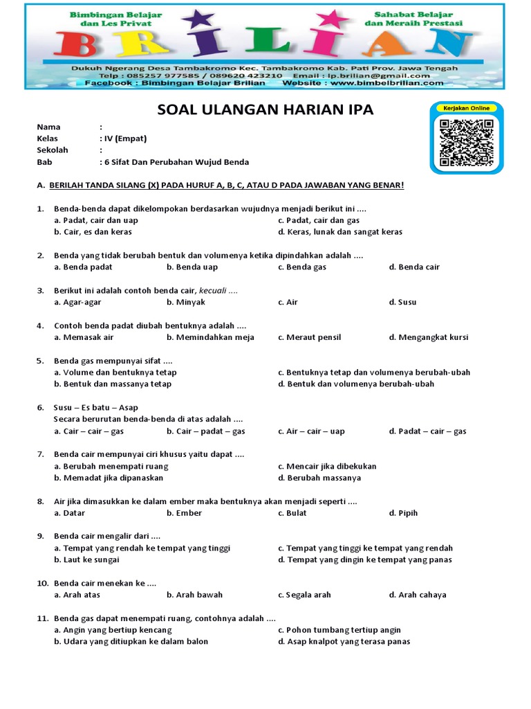 Soal Ulangan Harian IPA Kelas 4 SD - BAB 6 Sifat Dan Perubahan Wujud Benda | PDF