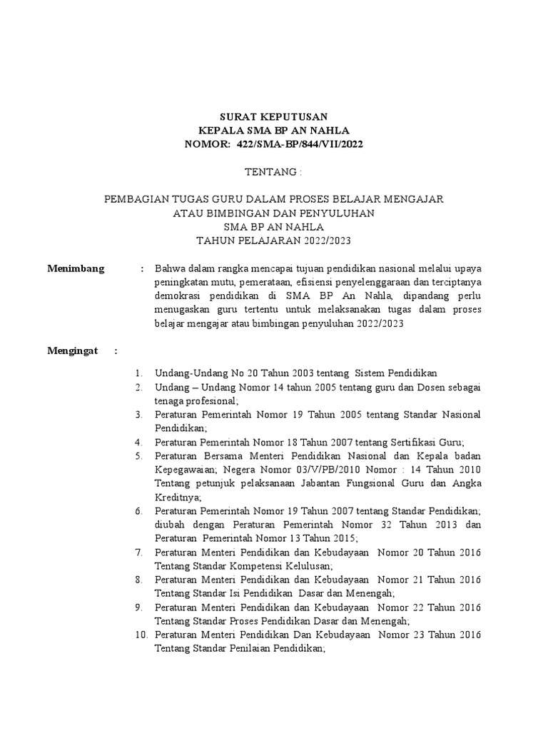 SK Pembagian Tugas TP 2022-2023 (Terbaru) | PDF