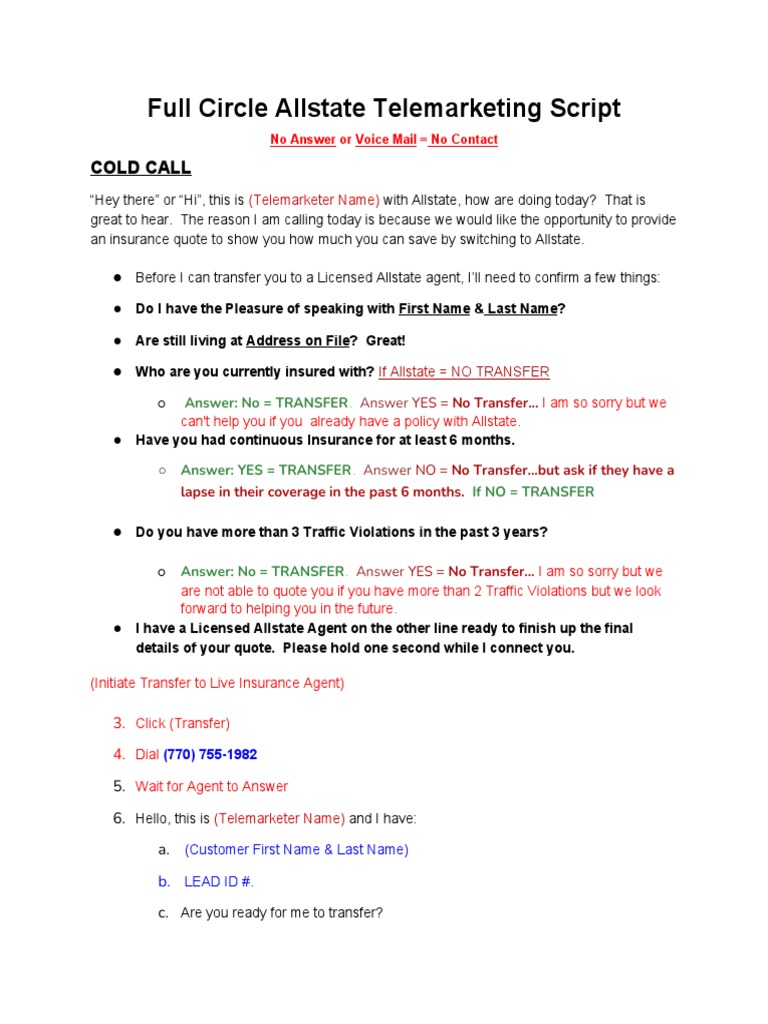 Full Circle Telemarketing Script 1 10 2022 | PDF | Insurance | Allstate
