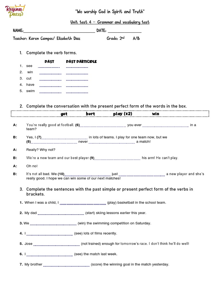 Present Perfect Unit Test 1 Final | PDF | Perfect (Grammar) | Linguistics