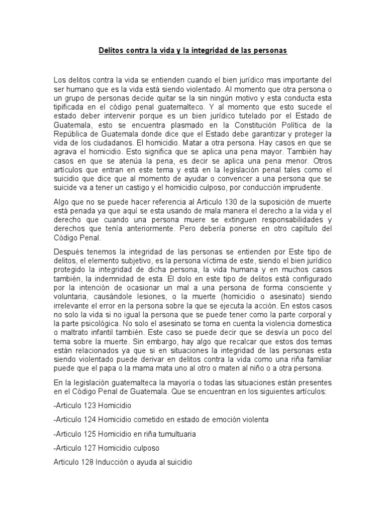 Delitos Contra La Vida y La Integridad de Las Personas | PDF | Homicidio | Derecho penal