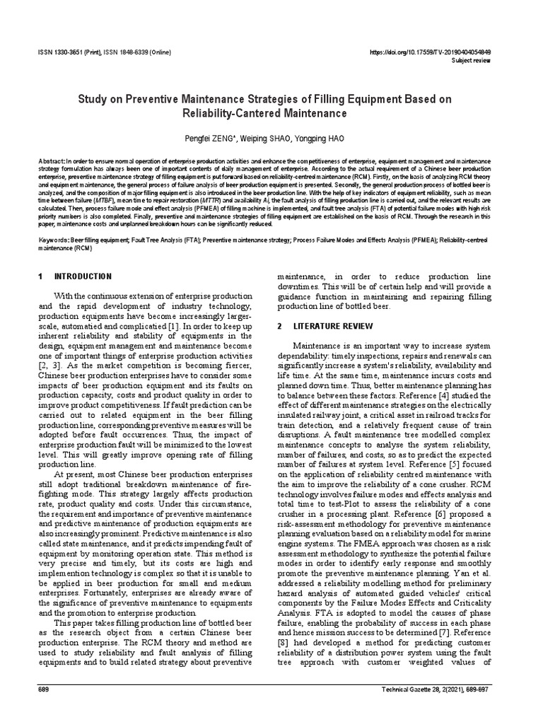 Study On Preventive Maintenance Strategies of Filling Equipment | PDF | Reliability Engineering ...
