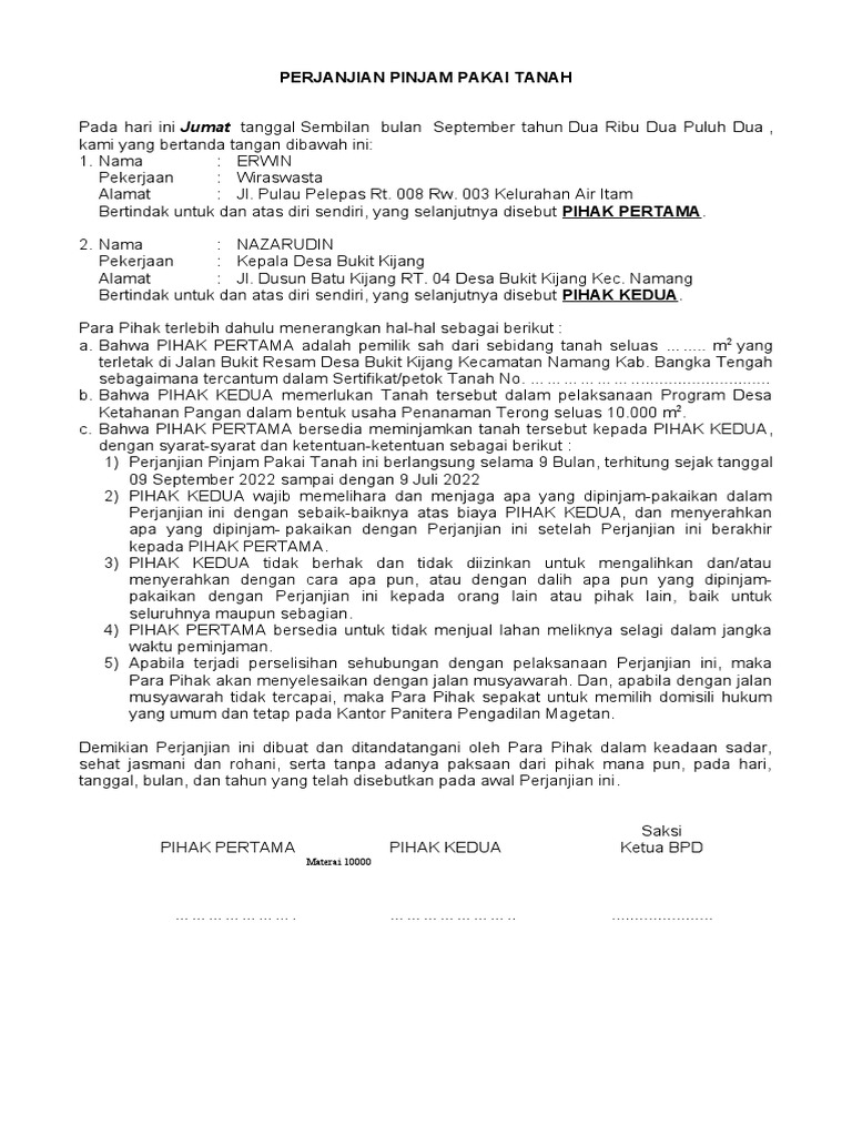 Perjanjian Pinjam Pakai Tanah-Tanamterong | PDF