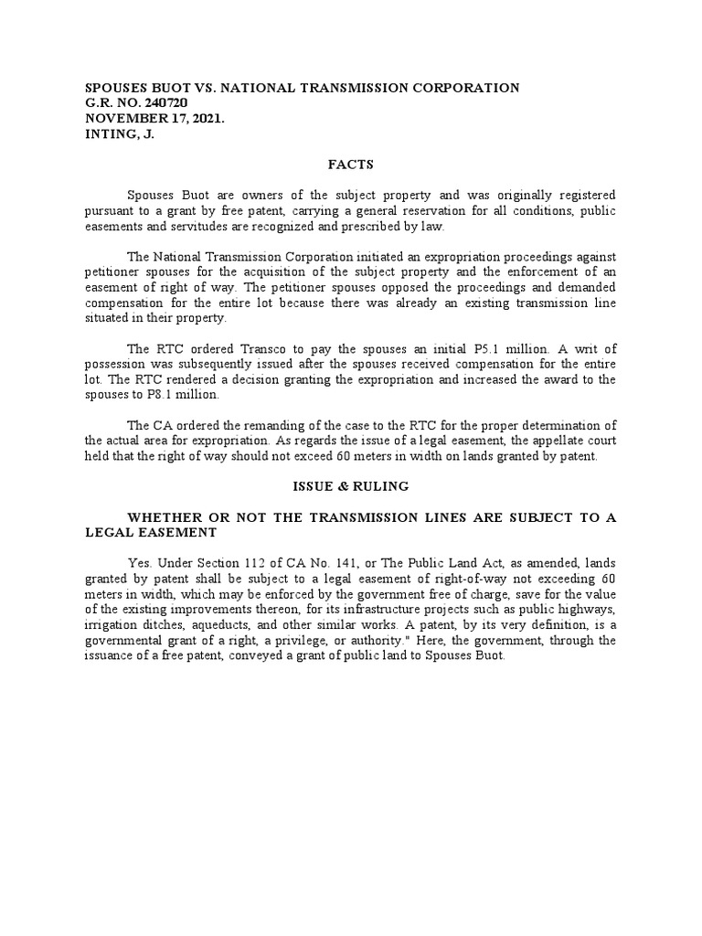 Buot vs. Transco: Expropriation Case G.R. 240720 | PDF