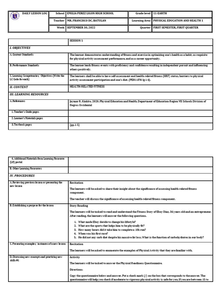 Daily Lesson Log-Physical Education and Health I | PDF | Learning ...
