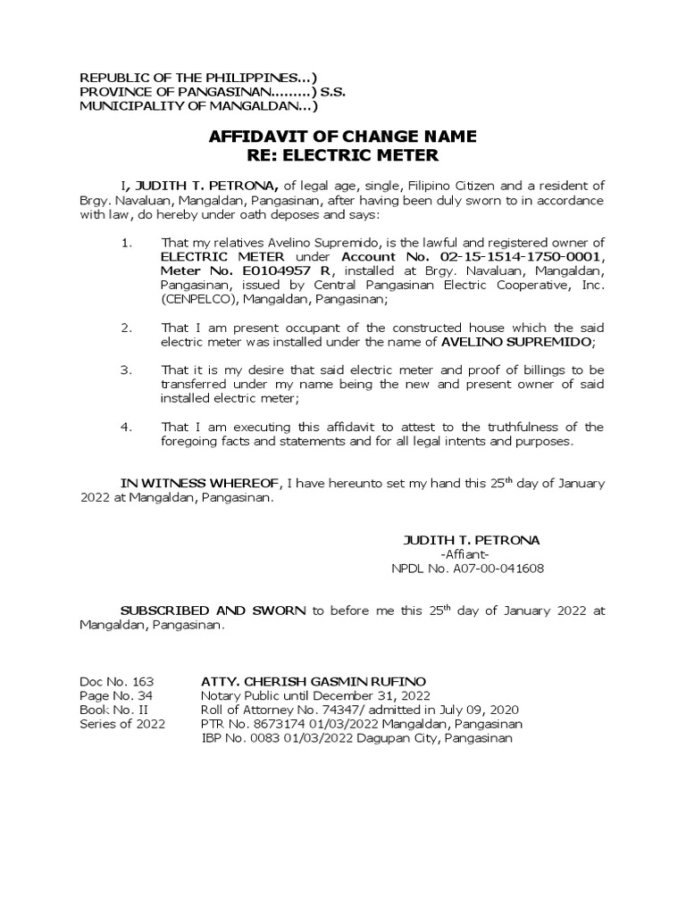 Affidavit for Electric Meter Name Change | PDF