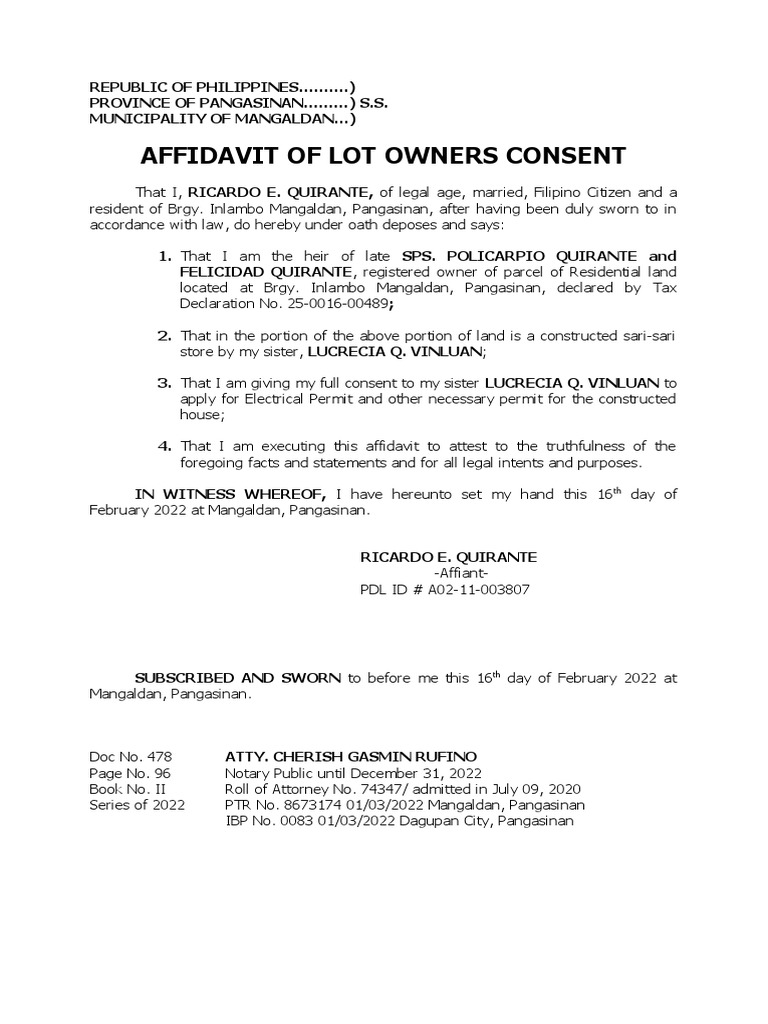 Affidavit of Lot Owners Consent - 02-22-22 | PDF