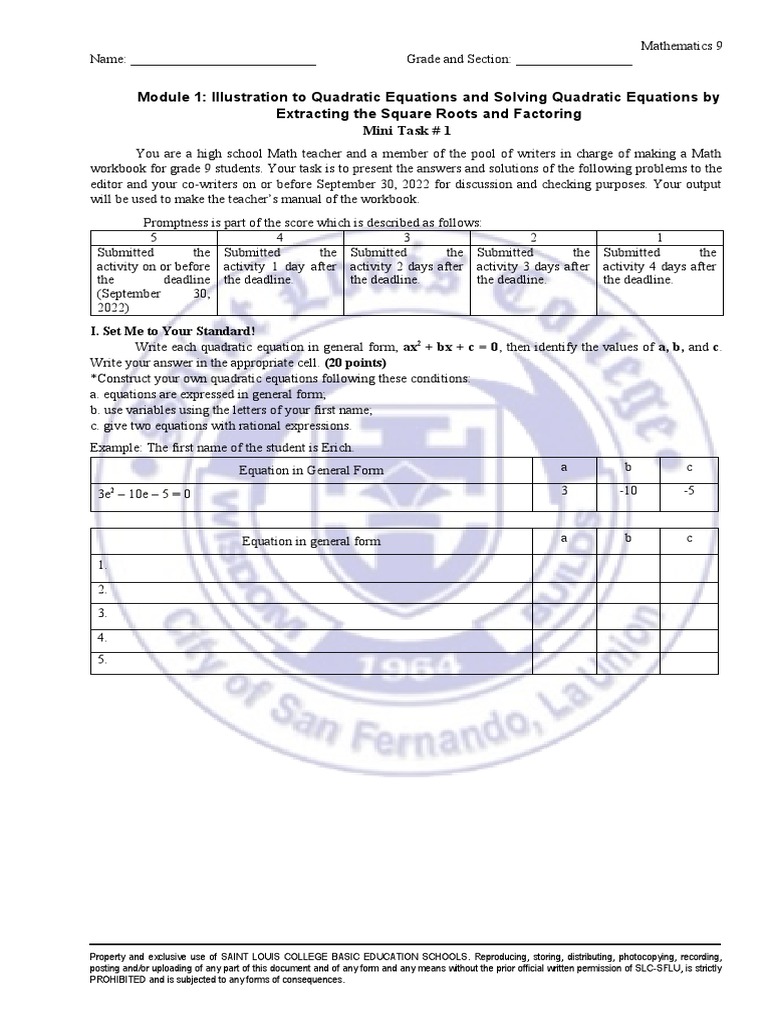 Math-9-Mini Task 1 (Module 1) | PDF