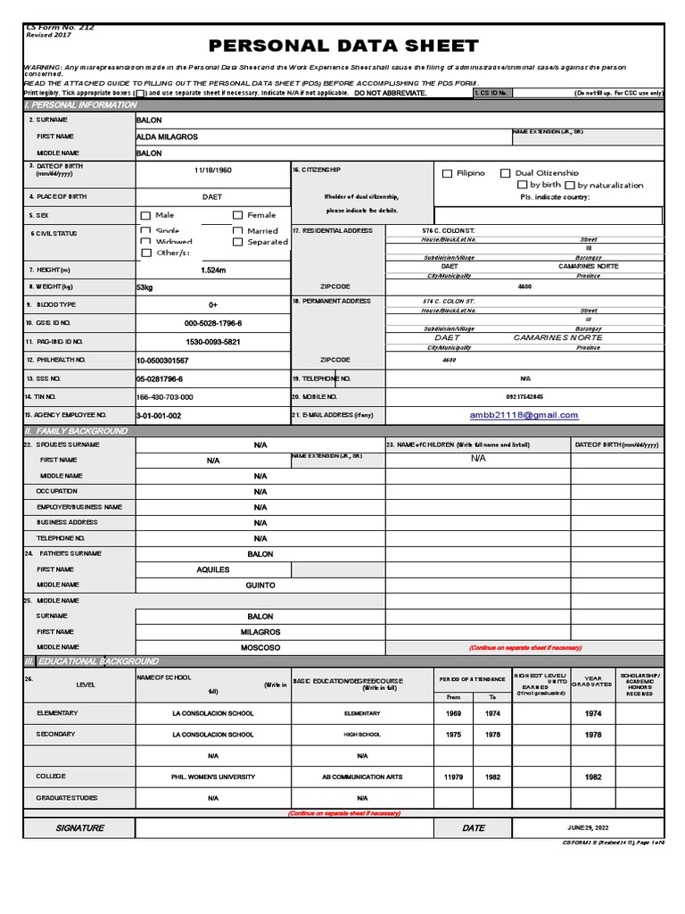 CS Form No. 212 Personal Data Sheet Revised | Download Free PDF ...