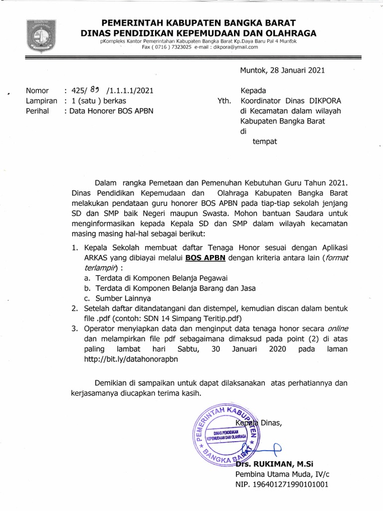 Surat Data Honor Sekolah Dari BOS APBN | PDF