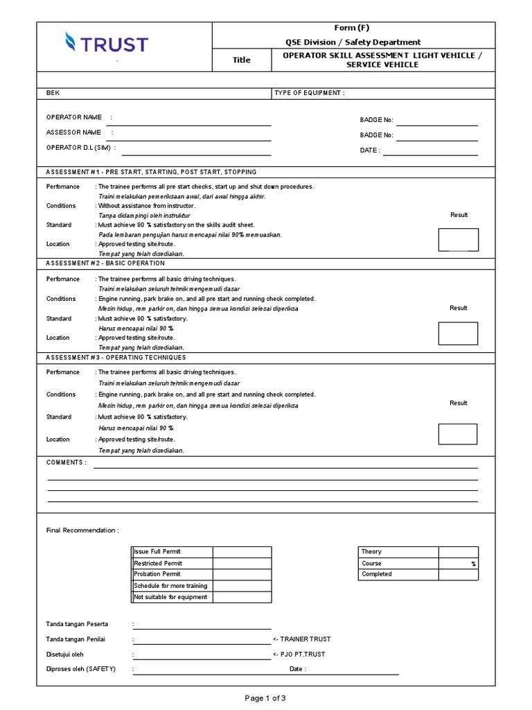 Operator Skills Assessment Overview | PDF | Clutch | Vehicles