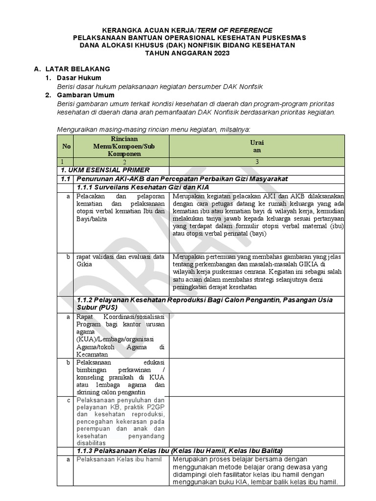 Contoh TOR BOK Puskesmas CRN | PDF