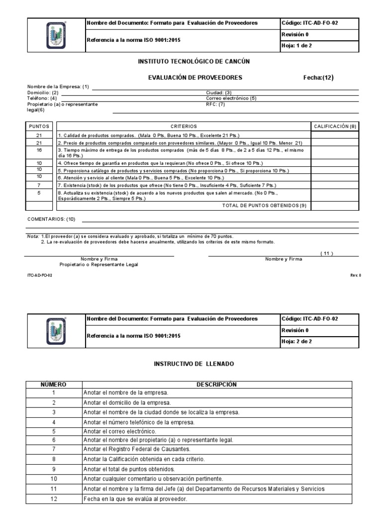 Itc Ad Fo 02 Evaluacion de Proveedores | PDF | Calidad (comercial ... Itc Ad Fo 02 Evaluacion de Proveedores | PDF | Calidad (comercial ...