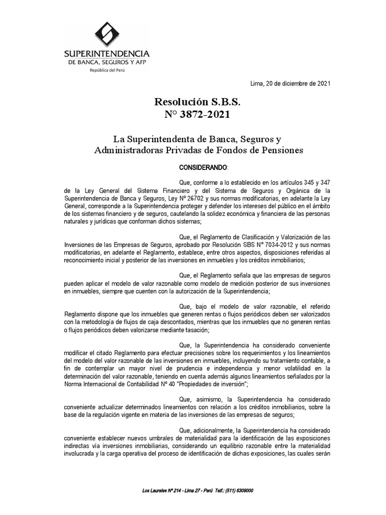 Resolución S.B.S. #3872-2021: La Superintendenta de Banca, Seguros y Administradoras Privadas de ...