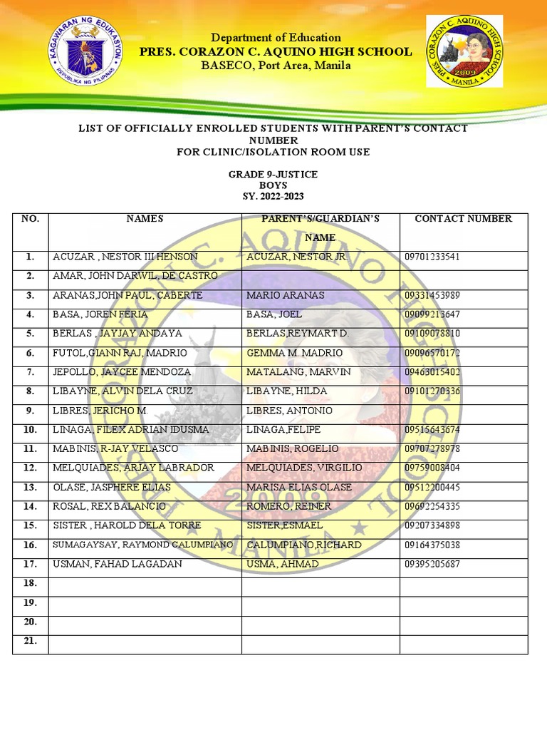 List of Offcially Enrolled Students With Parent | PDF