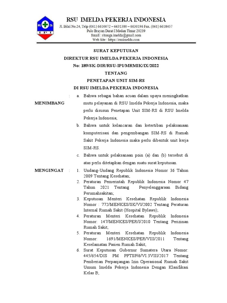 Penetapan Unit SIM-RS di RSU Imelda | PDF | Pengelolaan Keuangan & Uang ...