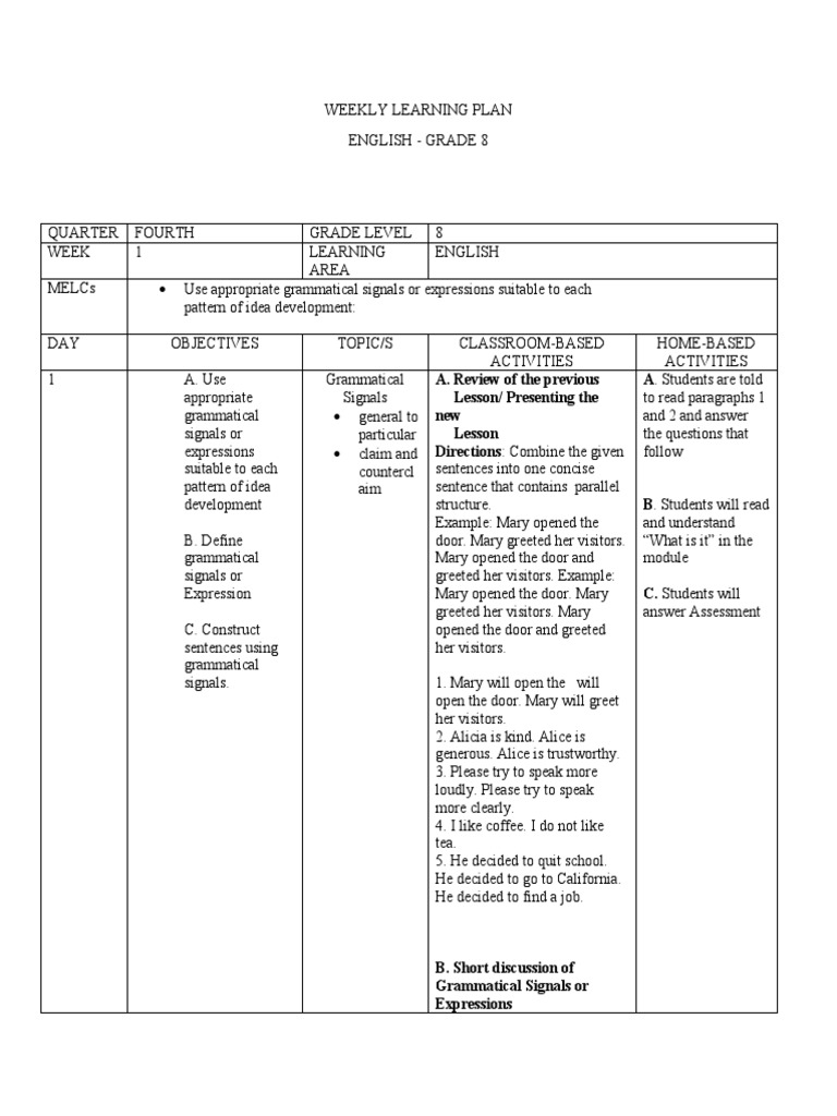 Weekly Home Learning Plan English 8 - Quarter 4 | PDF | Information | Linguistics