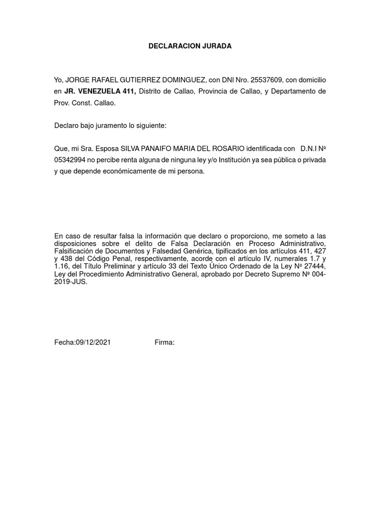 Declaración Juramentada de Dependencia Económica | PDF