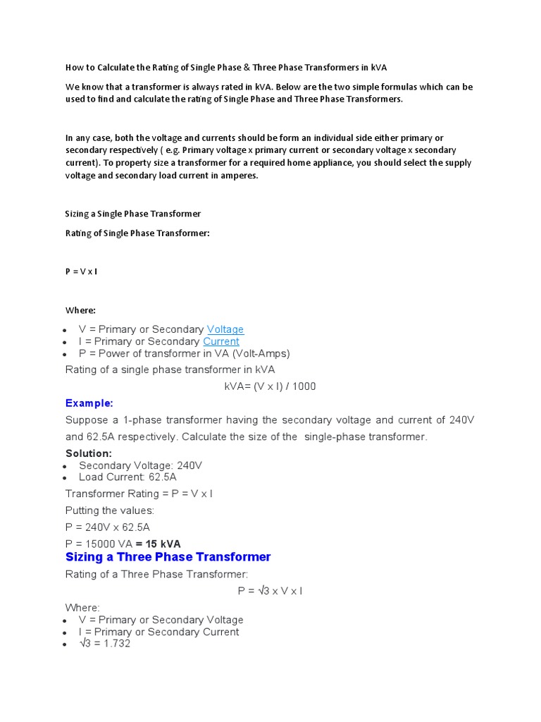 How To Calculate The Rating of Single Phase | PDF | Transformer | Mains ...