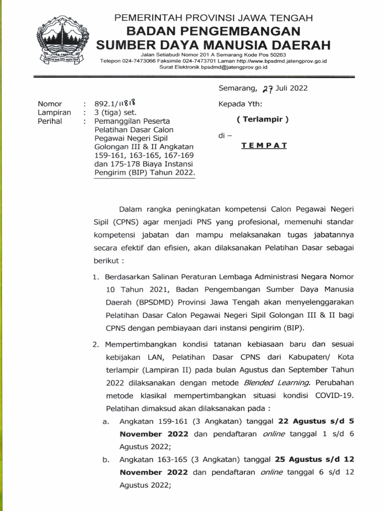 Surat Pemanggilan Peserta Latsar 159-161,163-165,167-169,175-178 BIP | PDF