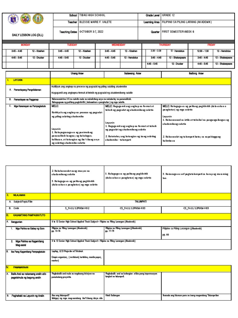 DLL WEEK 6 - Filipino Sa Piling Larang (AKAD) | PDF