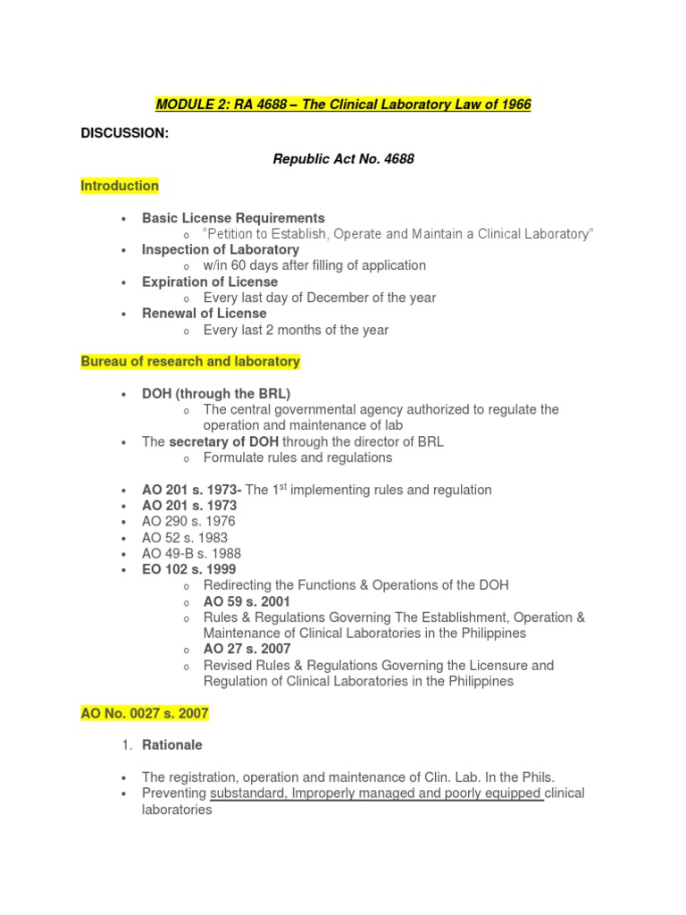 MODULE 2 RA 4688 - The Clinical Laboratory Law of 1966 | PDF | Pathology | Laboratories