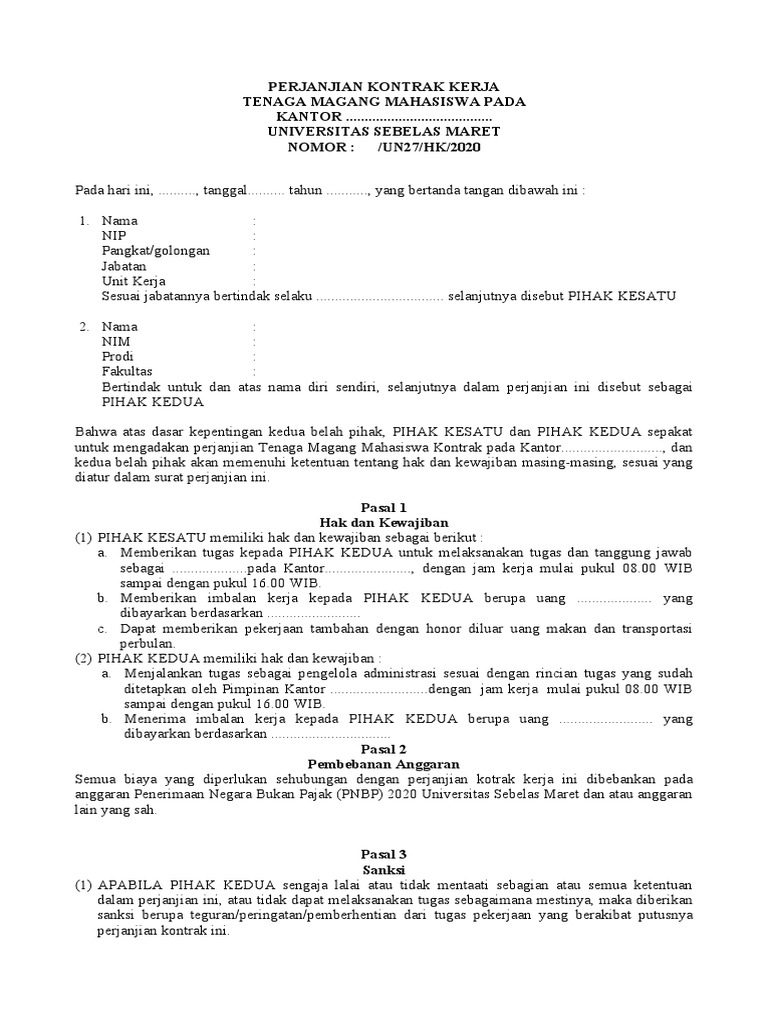 Template Surat Perjanjian Kontrak Kerja Mahasiswa | PDF | Pengelolaan Keuangan & Uang