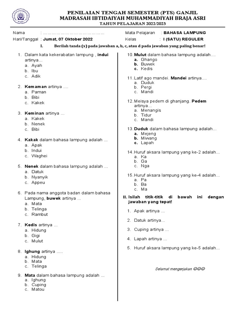 Soal PTS Ganjil Bahasa Lampung Kelas 1 | PDF