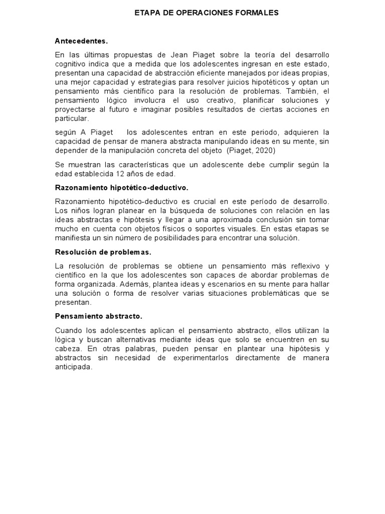 Etapa de Las Operaciones Formales | PDF | Pensamiento | Interacciones ...