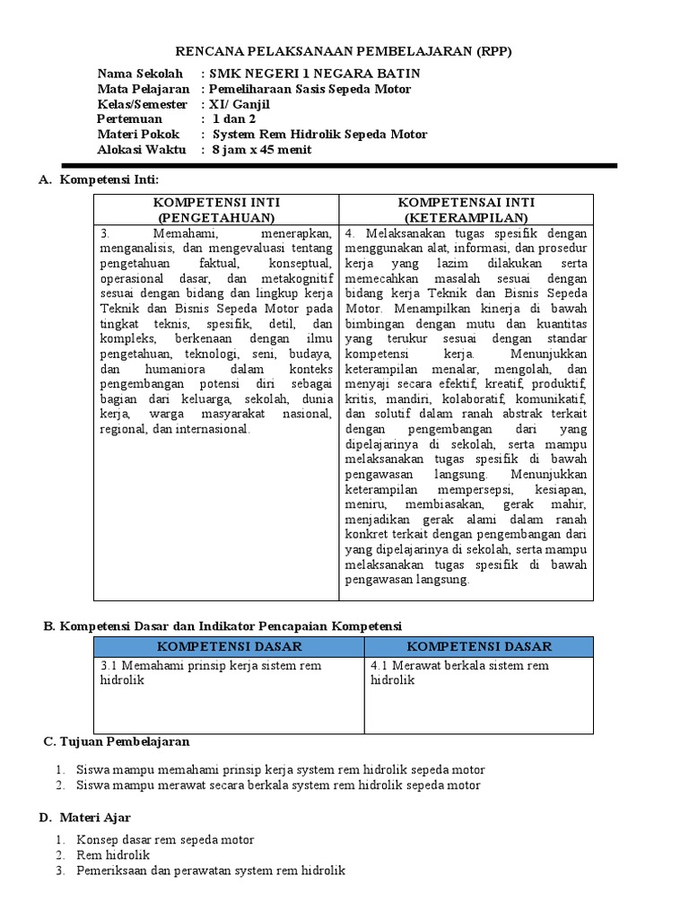 A. RPP Sistem Rem Hidrolik 1 Dan 2 | PDF | Karier & Perkembangan | Seni