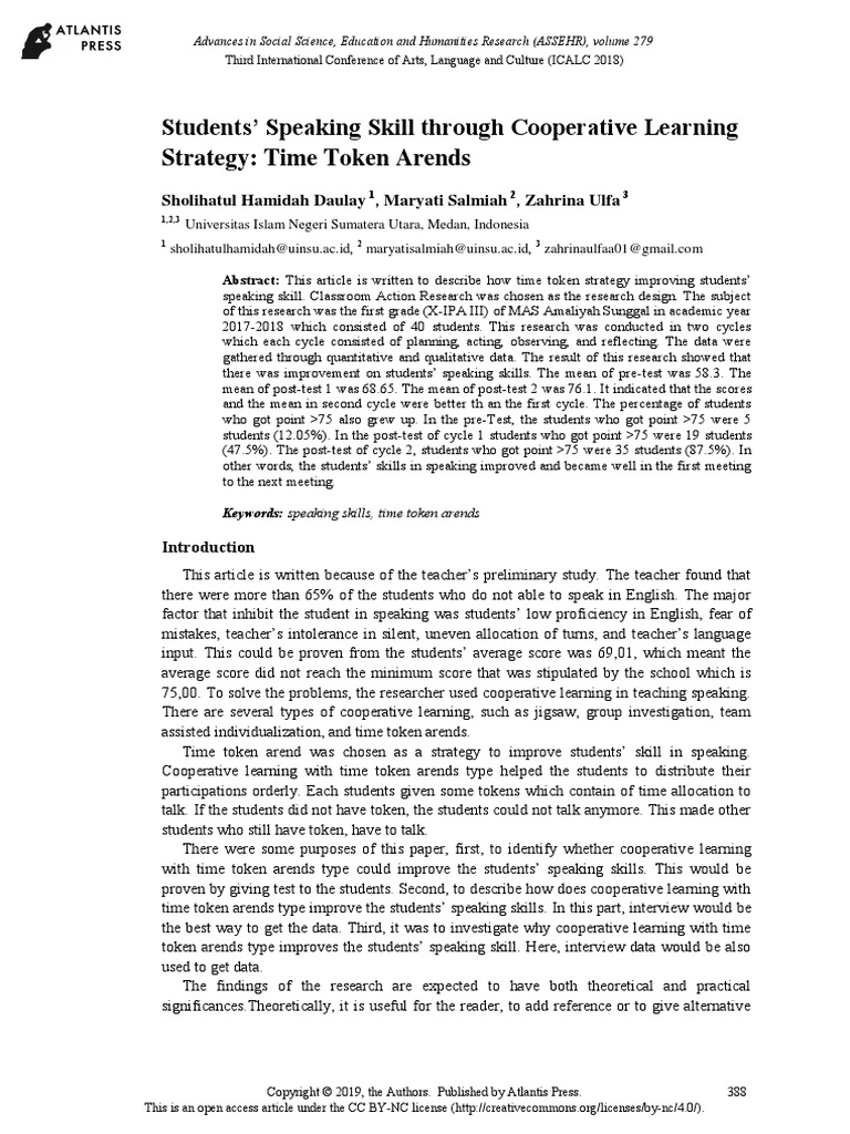 Students' Speaking Skill Through Cooperative Learning Strategy: Time Token Arends | PDF