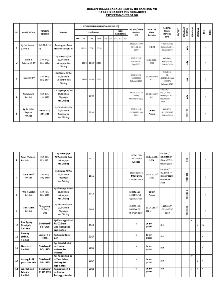Rekapitulasi Data Anggota Ibi Ranting Vii 2021 | PDF
