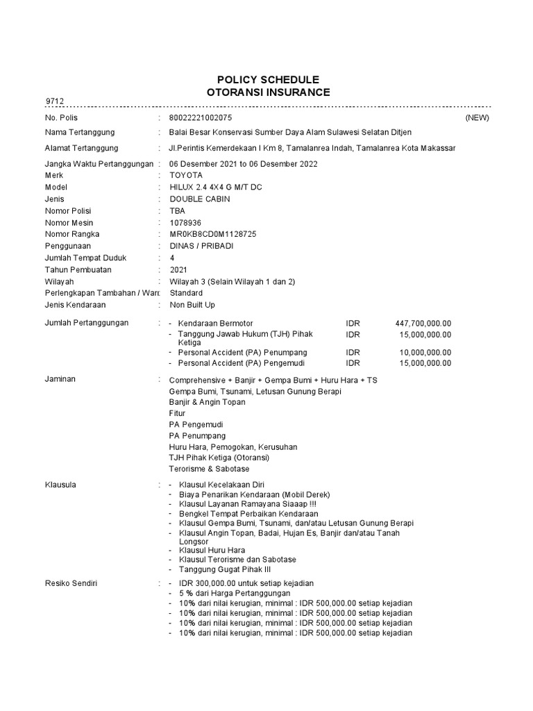 Policy Schedule Otoransi Insurance | PDF