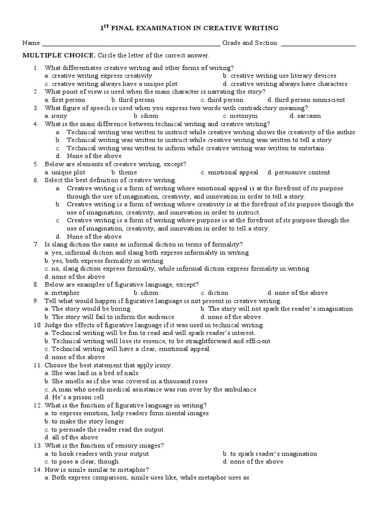 Creative Writing Final Exam | PDF | Poetry | Cognition